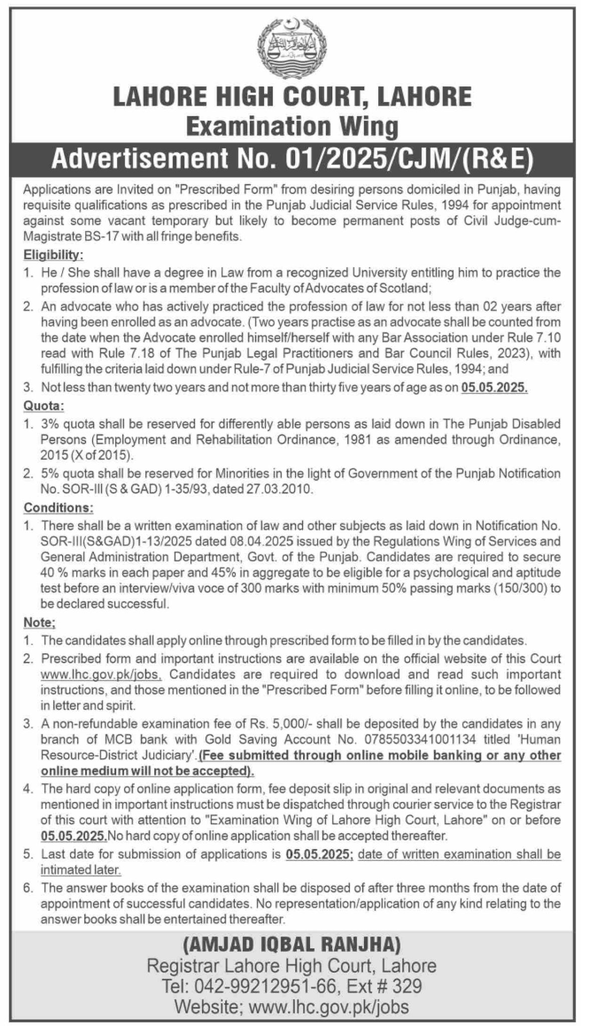 LHC Jobs 2025 for Civil Judge | Lahore High Court - Educativz