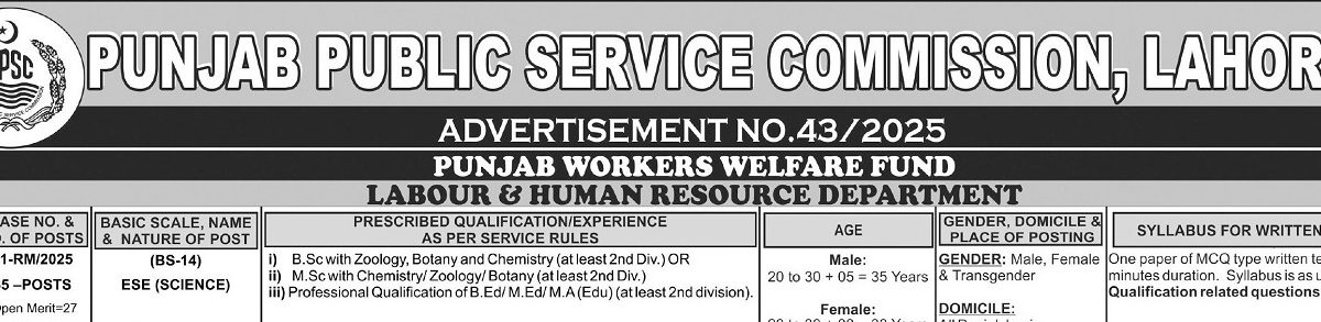 PPSC Advertisement 43/25 Apply Online for Teacher Jobs 2025