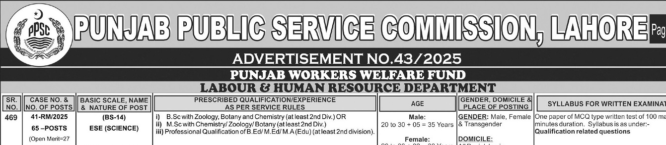 PPSC Advertisement 43/25 Apply Online for Teacher Jobs 2025