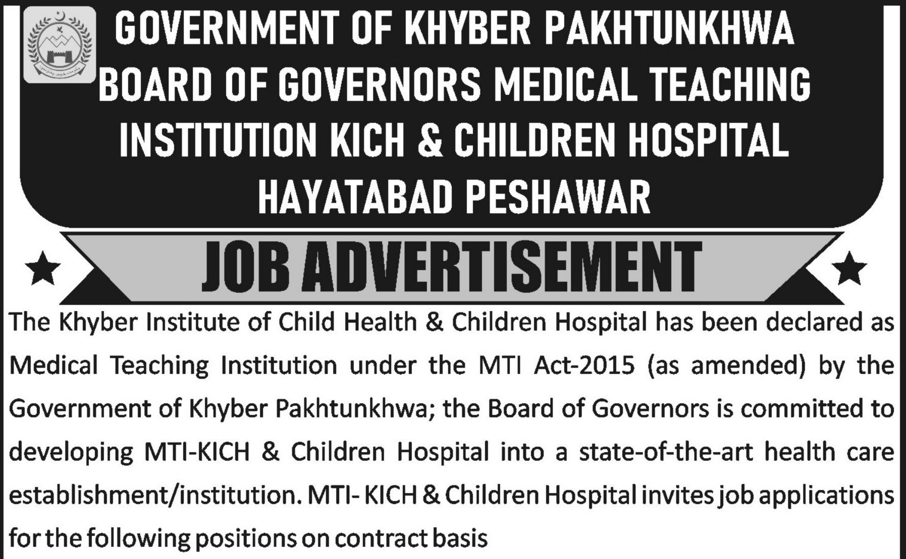 MTI-KICH & Children Hospital Peshawar Jobs 2026 – Apply Now