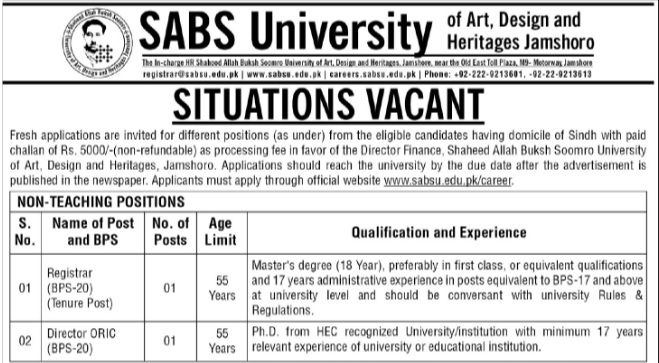 SABS University Jamshoro Jobs 2026 – Apply for Professional Vacancies ...