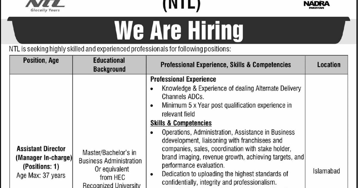 NADRA Technologies Limited (NTL) Jobs 2026 – Apply Online at careers ...